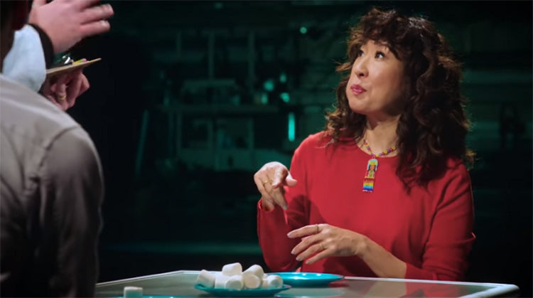 Sandra Oh takes the marshmallow test on this weekend's "Saturday Night ...
